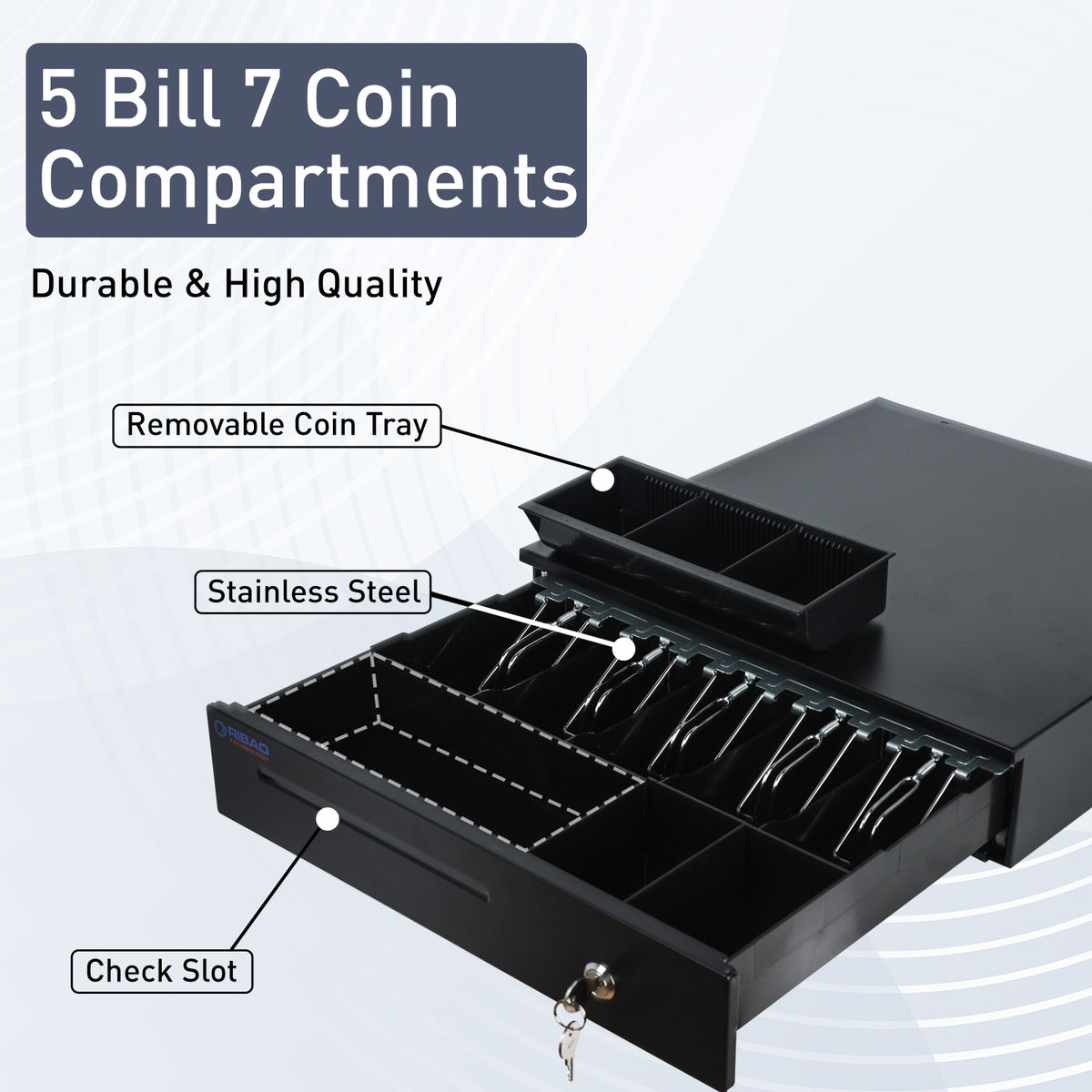 RIBAO 16’’ Cash Register Drawer for POS System | 5 Bill, 5 Coin Slots